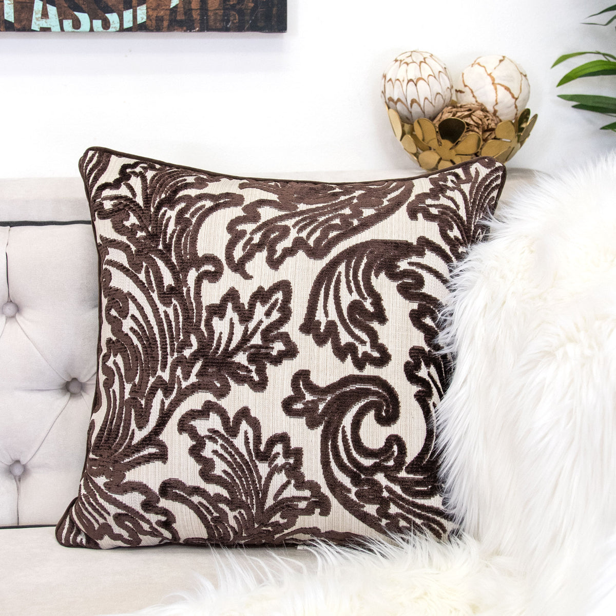 Mocha Floral Vines Throw Pillow – HomeyCozy